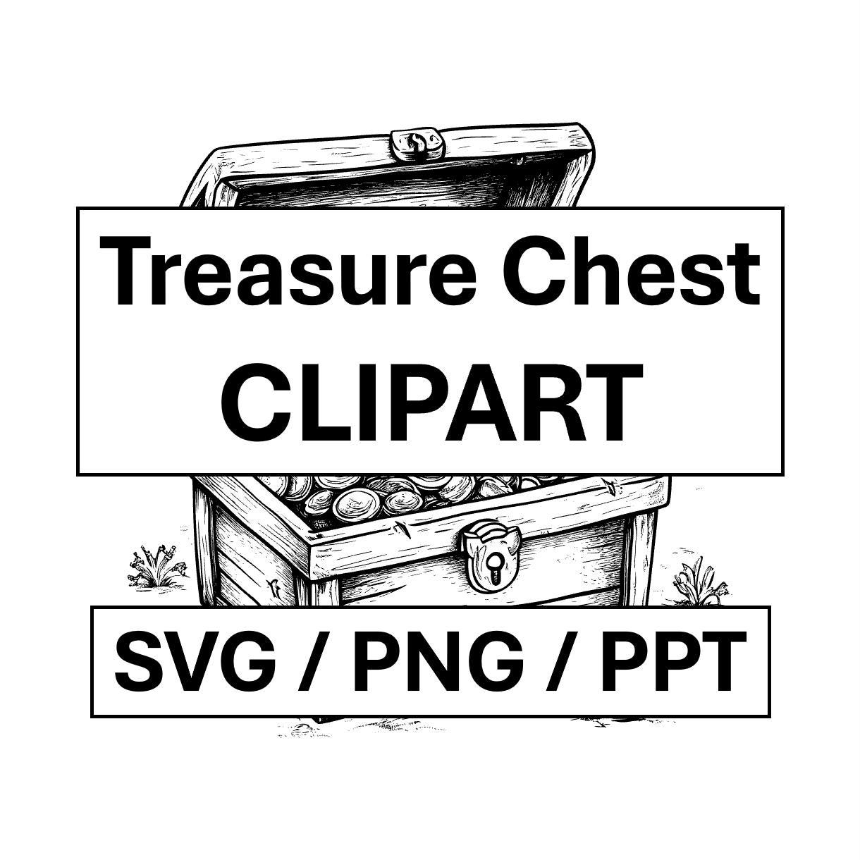 Treasure Chest Clipart – Pirate Map Style | Black & White Cartoon | PNG ...