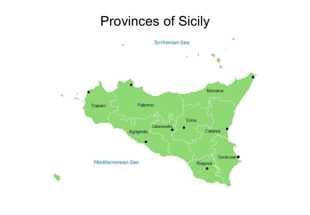 Mapa de PowerPoint editable de las regiones italianas, provincias de Sicilia, provincias de ...