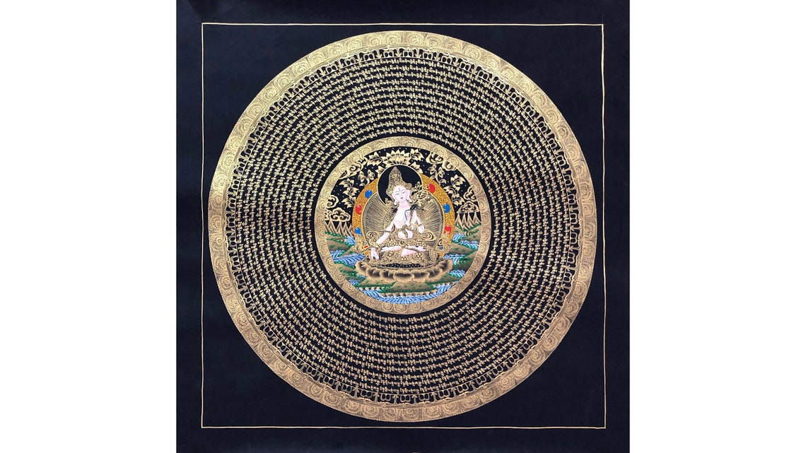 White Tara Mantra Mandala Handmade Sacred Thangka Painting - Etsy
