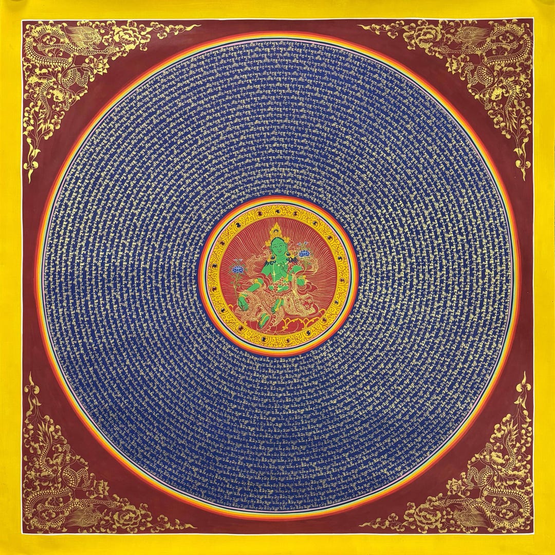 Large Size Green Tara Mantra Mandala, Handmade Sacred Thangka Painting ...