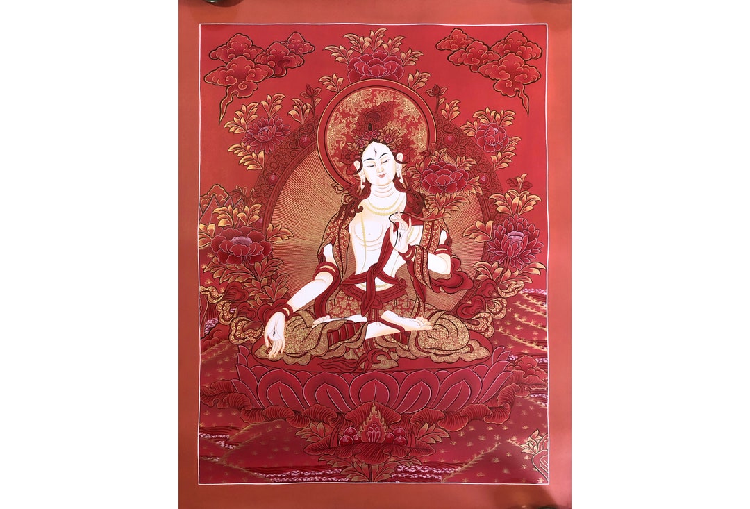 Red Theme White Tara Thangka Painting, Blessed Thanka of White Tara ...