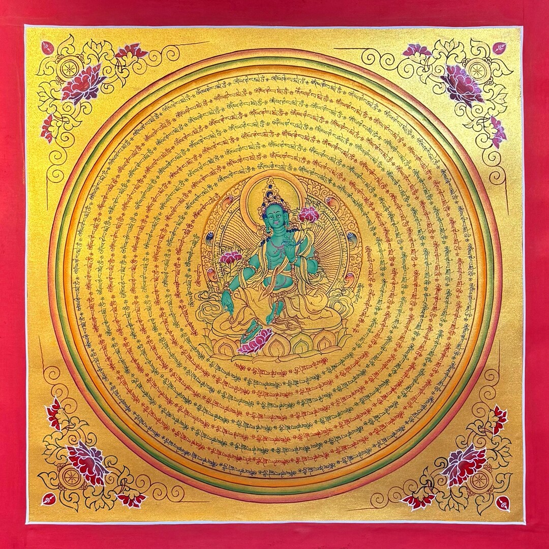Full Gold Green Tara Mantra Mandala, Handmade Sacred Thangka Painting ...