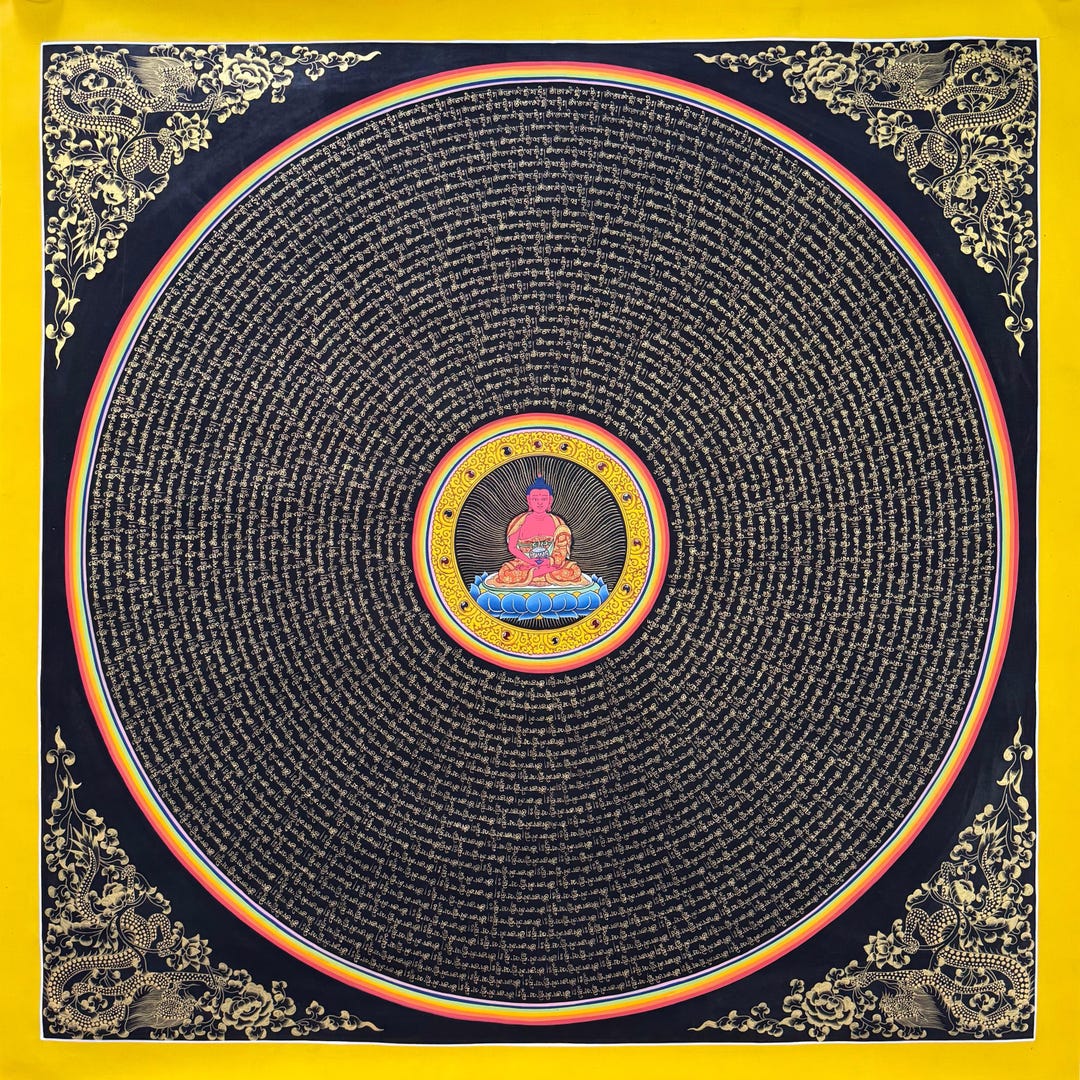Large Size Amitabha Buddha Mantra Mandala Thangka, Genuine Hand Painted ...