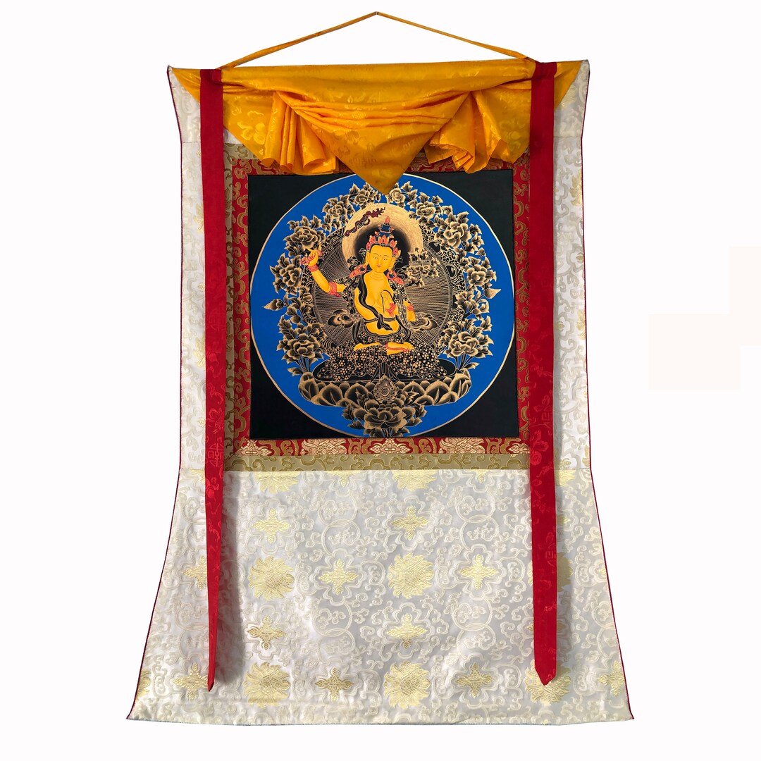 Silk Brocade Mounted Manjushree Mandala, Handmade Thangka on Cotton ...