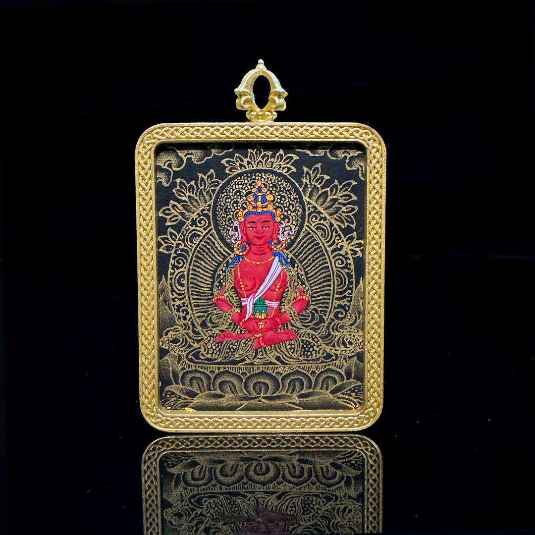 Amitayus Pendant Thangka, Red Buddha Amulet- Necklace, Jewellery ...
