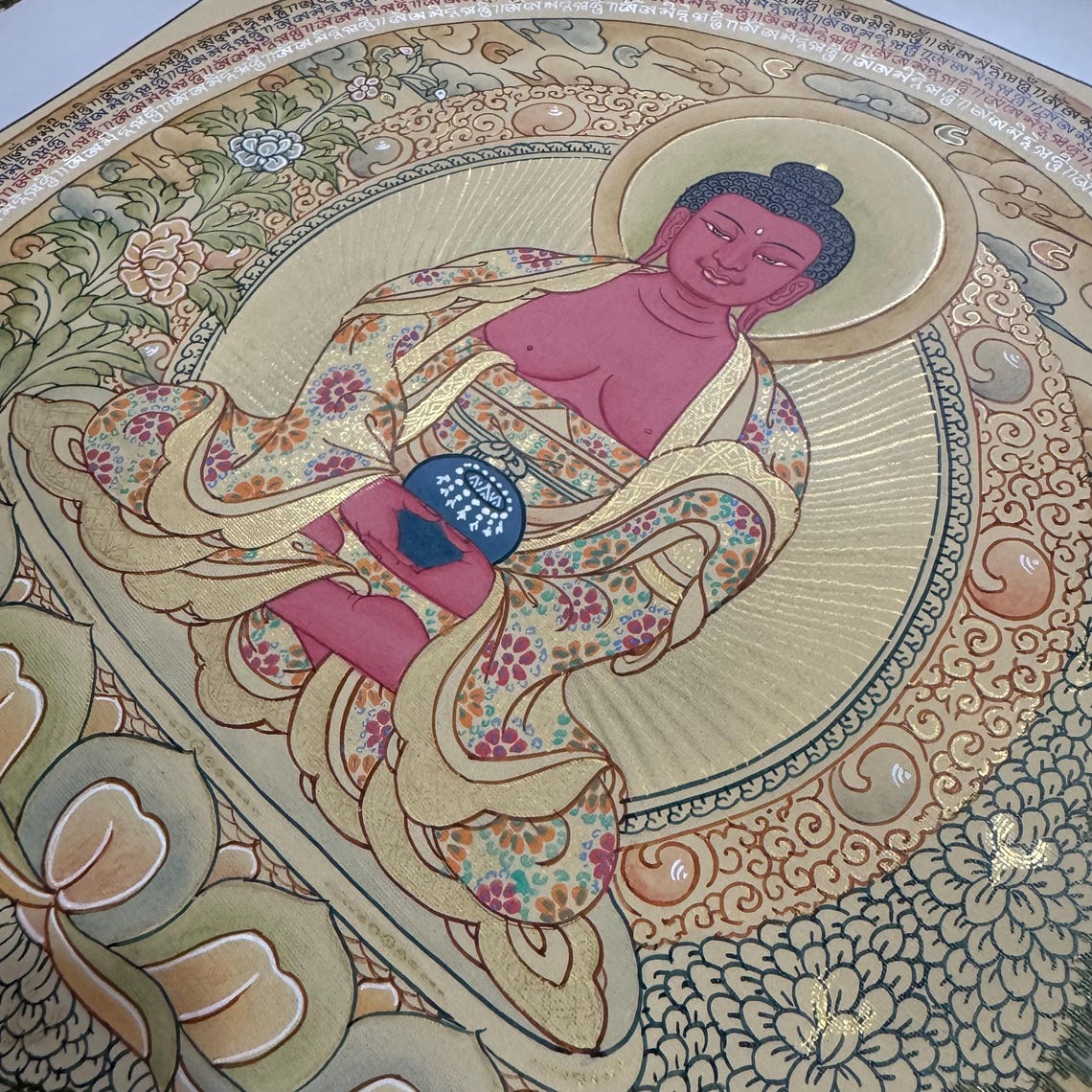 Silk Brocade Mounted Amitabha Buddha Mantra Mandala Thangka, Genuine ...