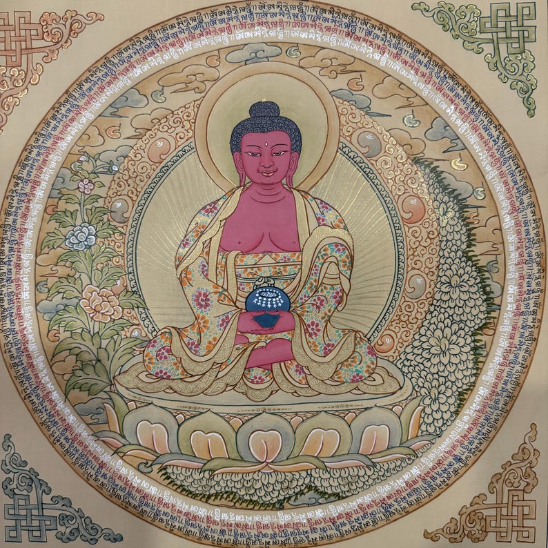 Silk Brocade Mounted Amitabha Buddha Mantra Mandala Thangka, Genuine ...