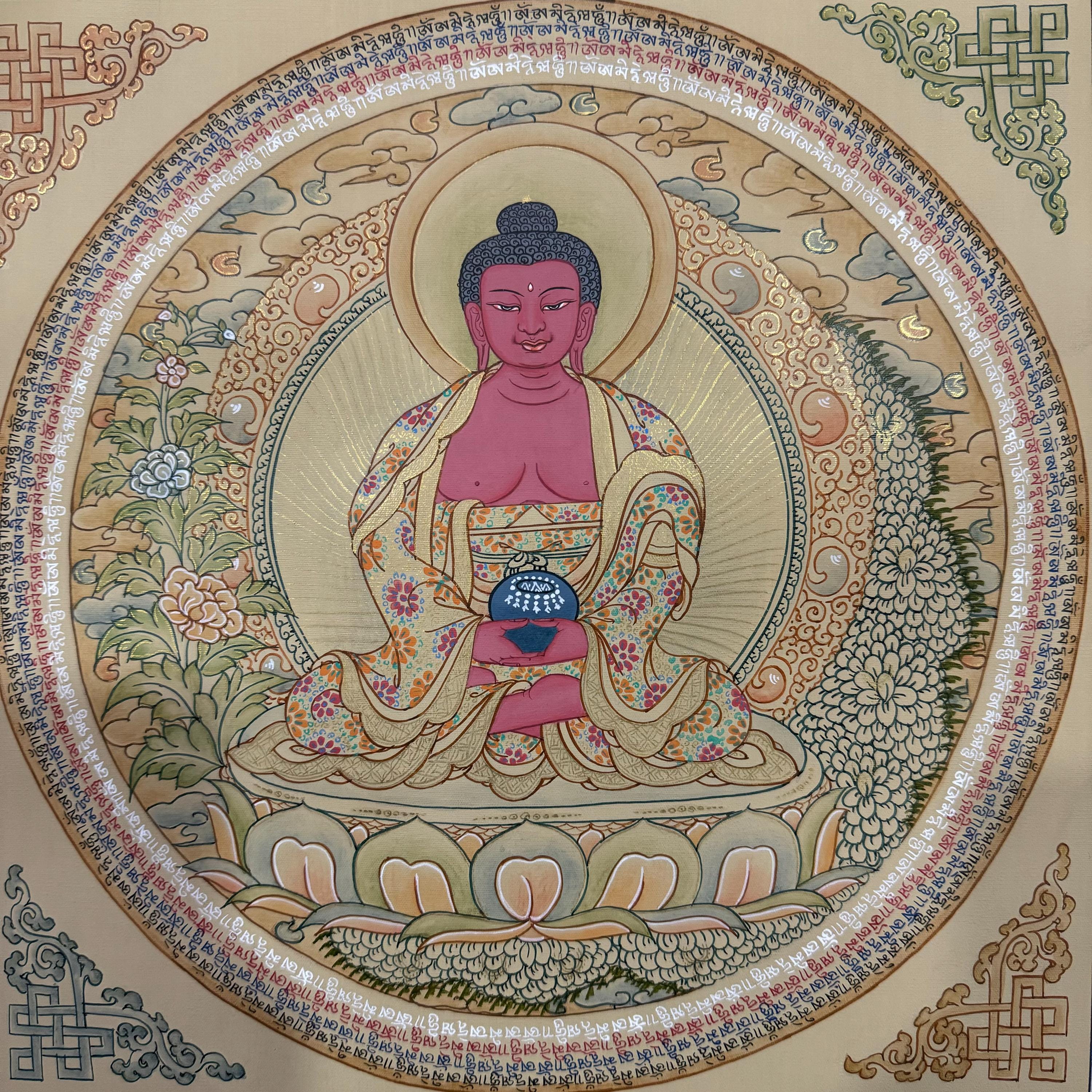 Silk Brocade Mounted Amitabha Buddha Mantra Mandala Thangka, Genuine ...