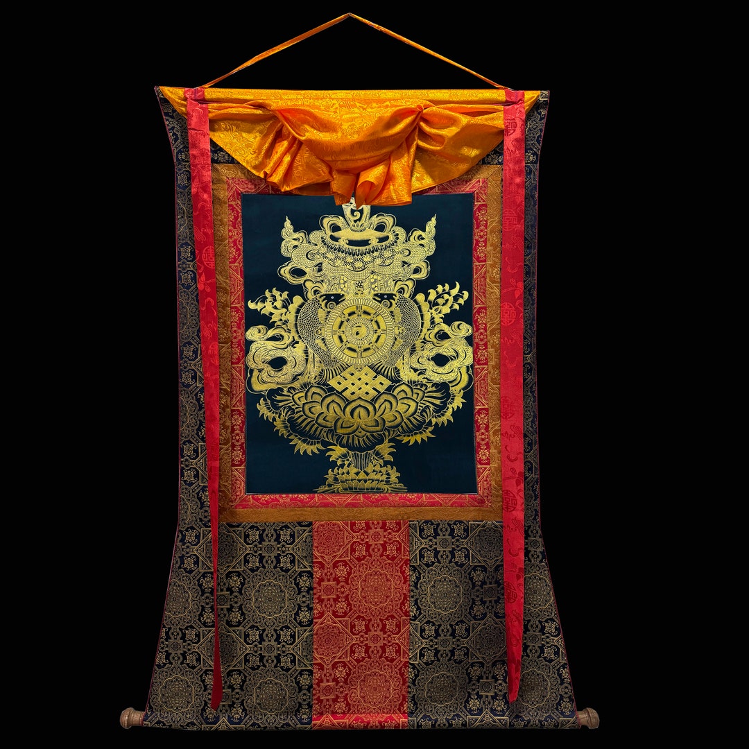 Premium Quality Silk Brocade Mounted Eight Auspicious Symbols Thangka ...