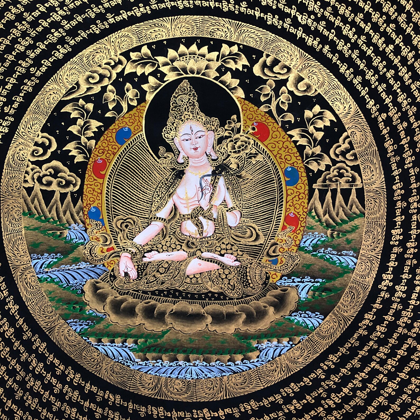 White Tara Mantra Mandala Handmade Sacred Thangka Painting - Etsy