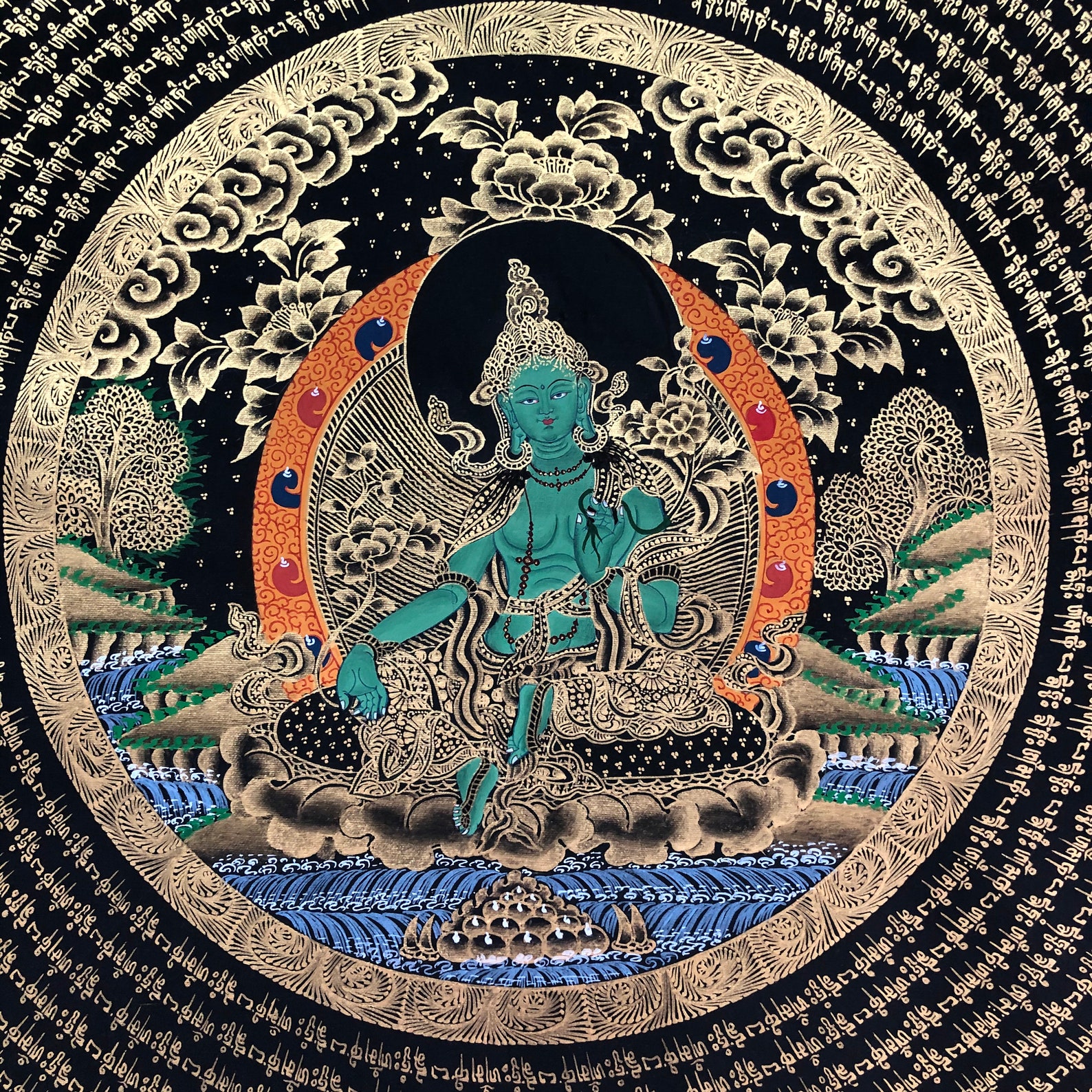 Green Tara Mantra Mandala Handmade Sacred Thangka Painting - Etsy