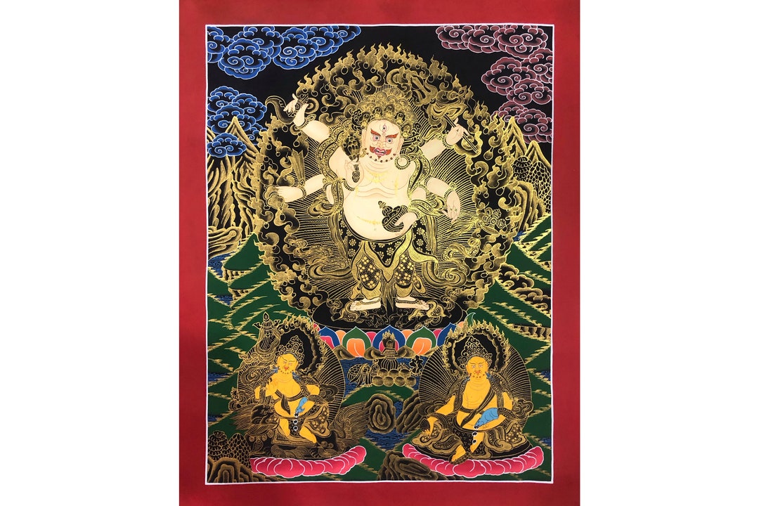 27x21 Inch White Mahakala Thangka Art, Black and Gold Theme Mahakala ...