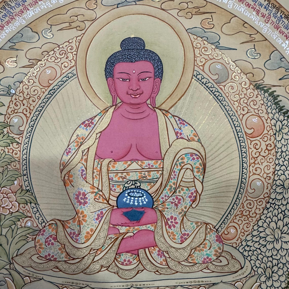 Silk Brocade Mounted Amitabha Buddha Mantra Mandala Thangka, Genuine ...