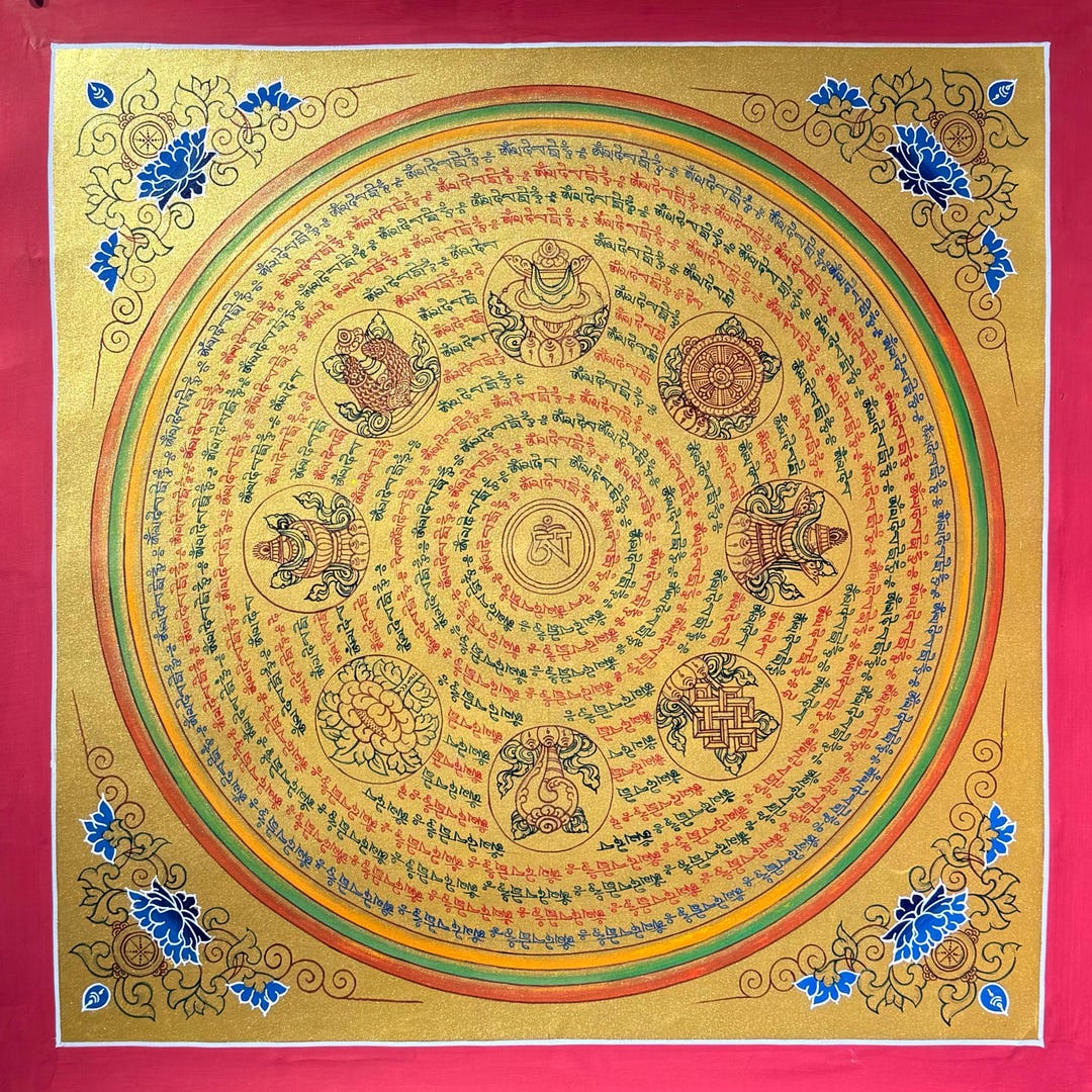 Full Gold Auspicious Mantra Mandala Thanka, Om Mani Padme Hum Mandala ...