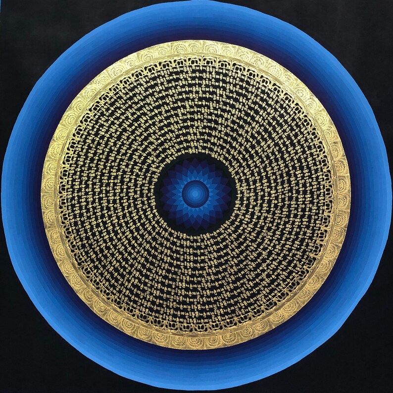 Blue Rainbow Mantra Mandala Thangka Painting, Om Mani Padme Hum, Cotton ...
