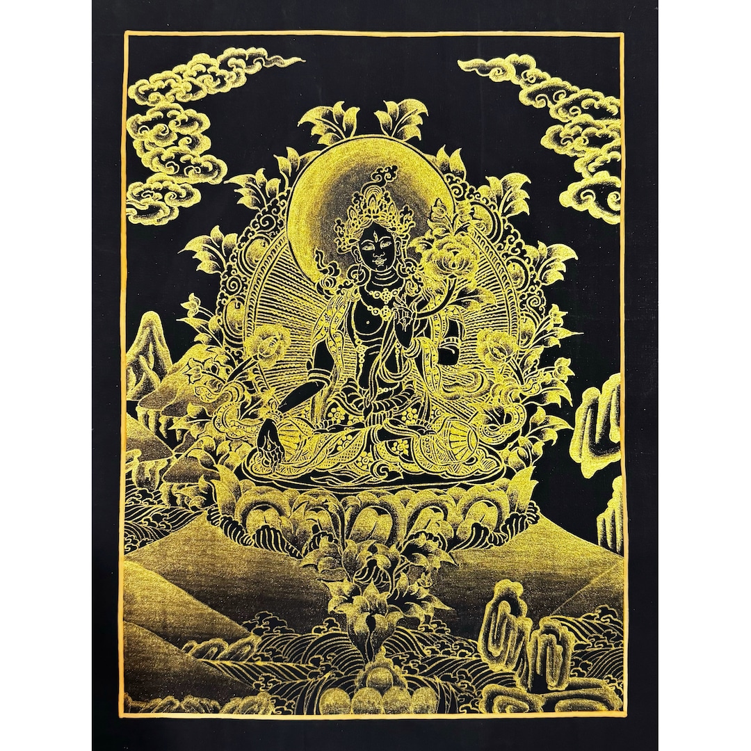 Black & Gold White Tara Thangka Painting, Handmade Sacred Thangka ...