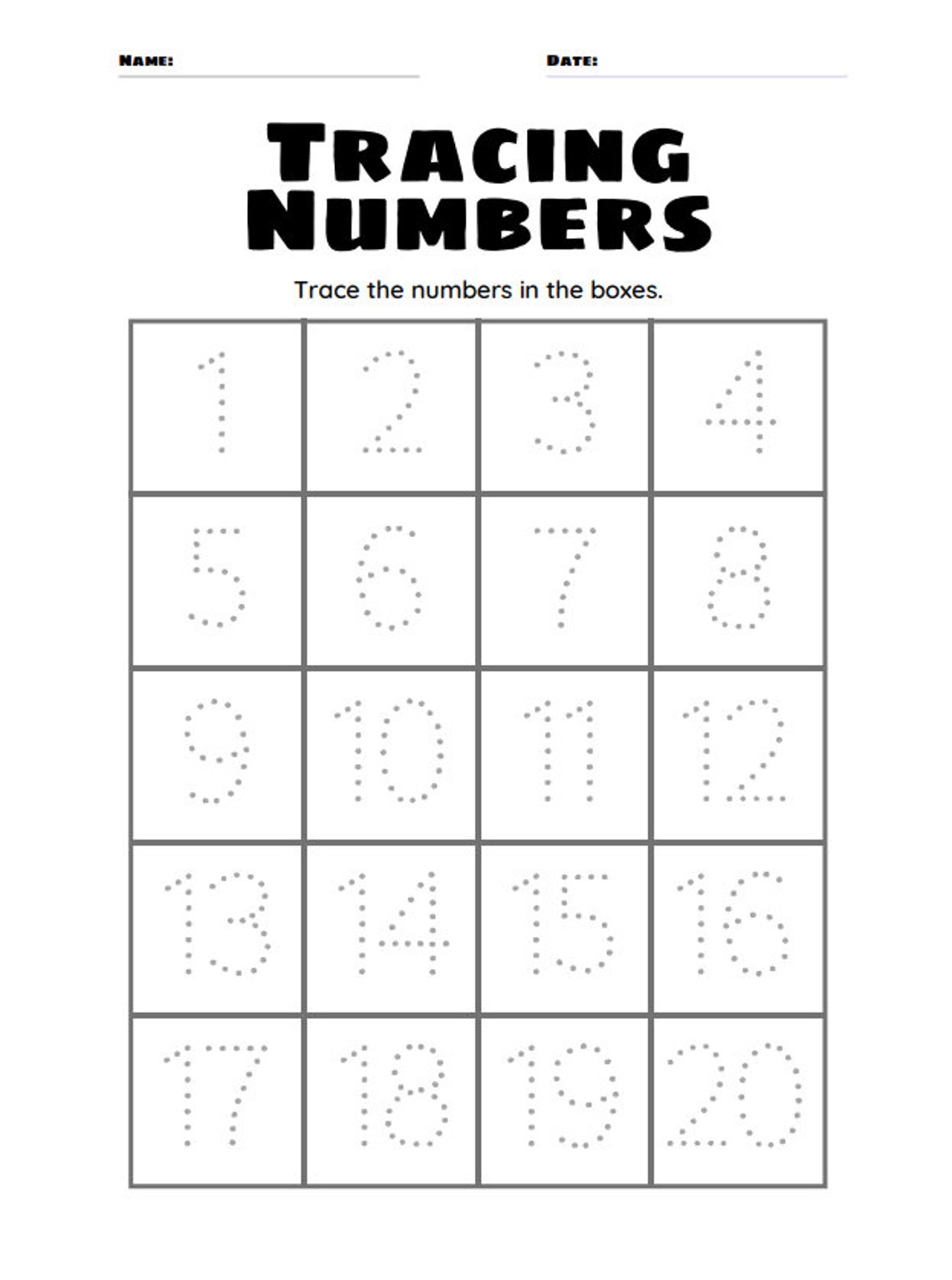 Number Tracing Worksheets 1 20