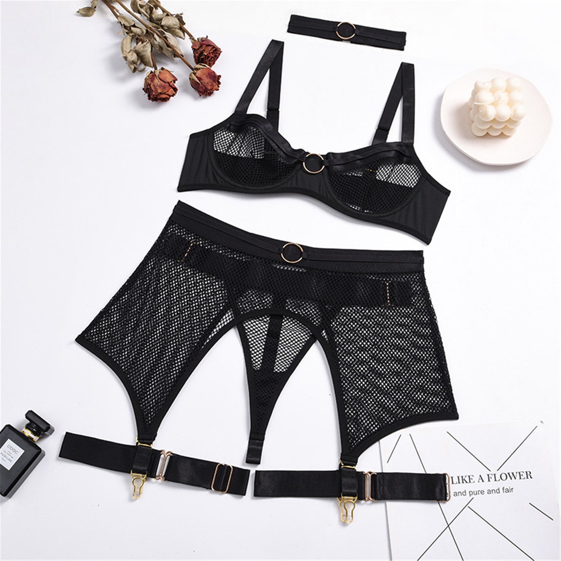 Conjunto De Lencería Negra Lencería Erótica Sexy Malla Etsy