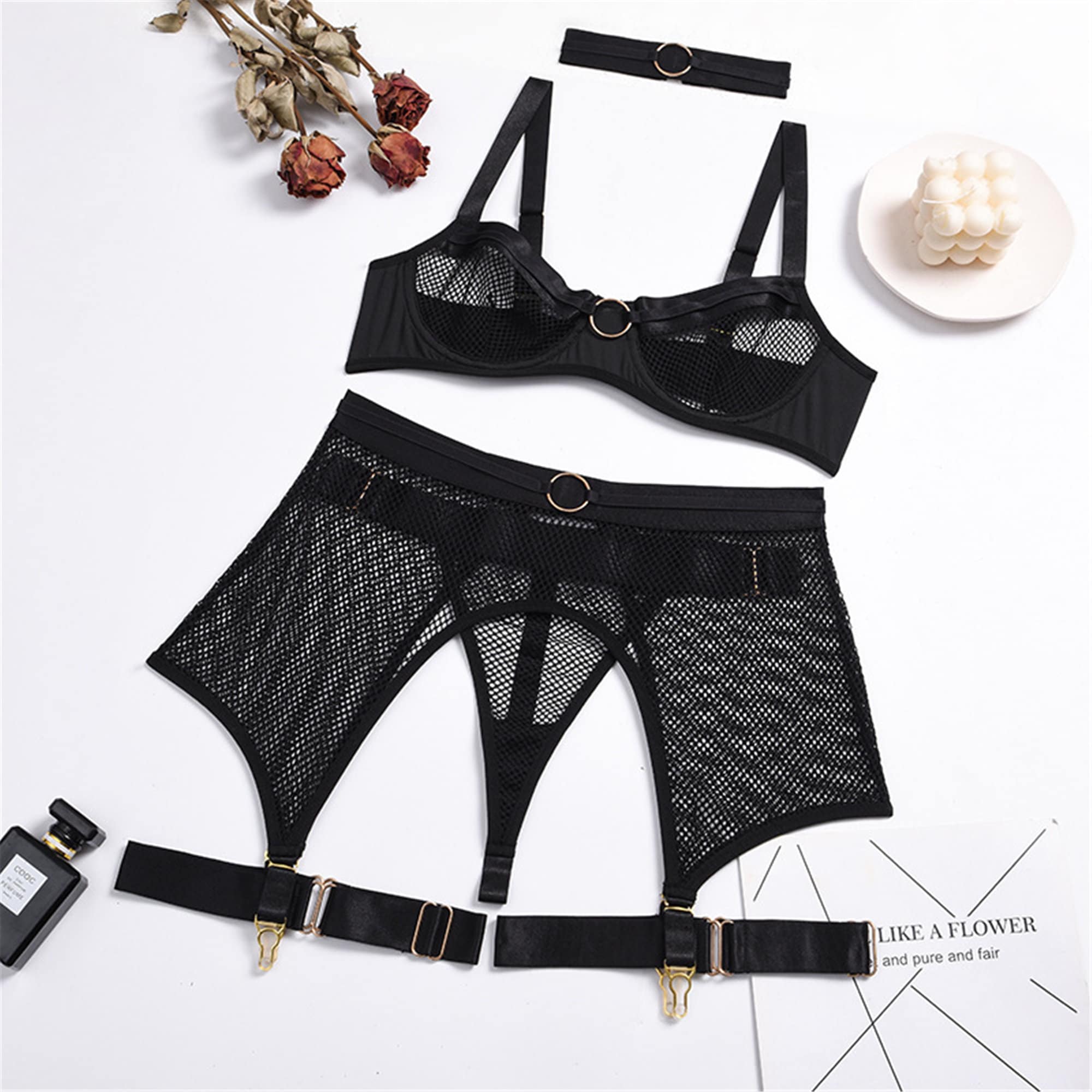 Conjunto De Lencería Negra Lencería Erótica Sexy Malla Etsy