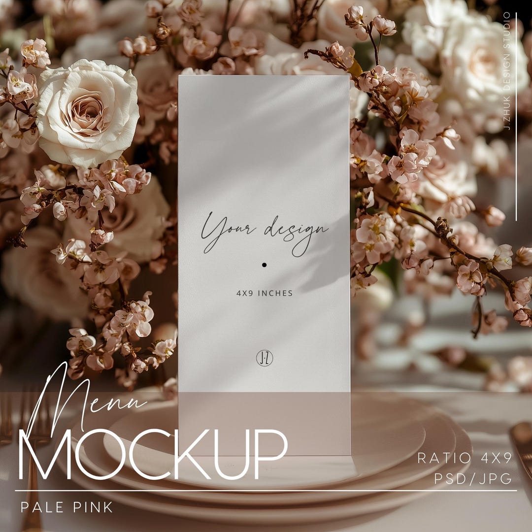 4x9 Wedding Menu Mockup, Elegant Design With Pale Pink Flowers, for ...