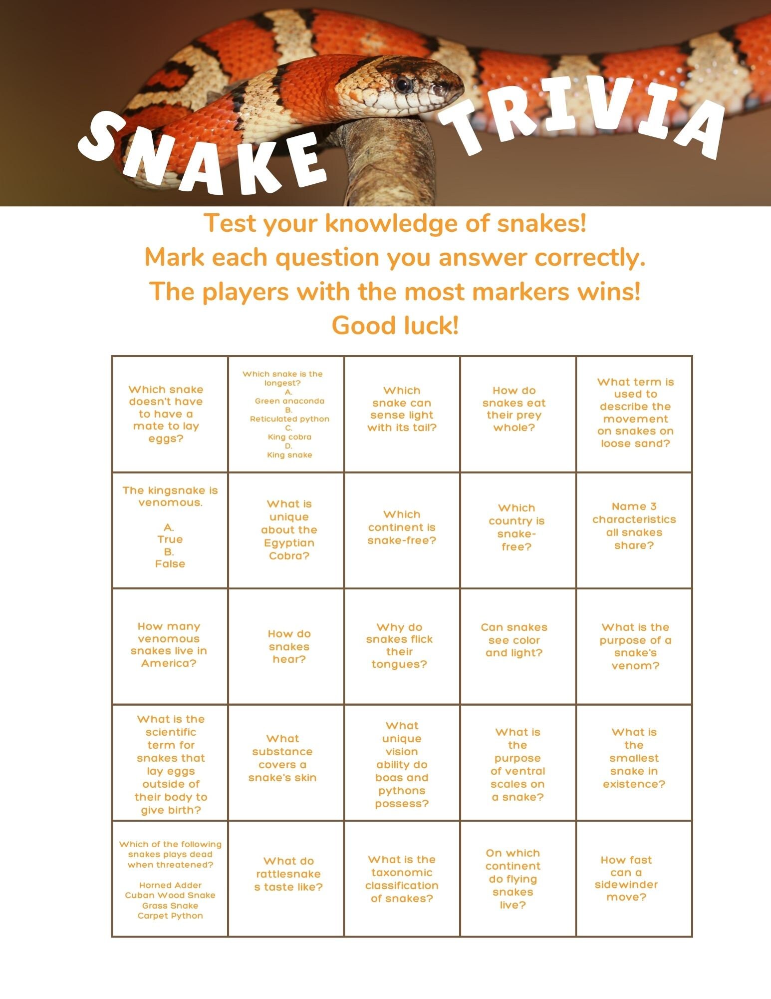 Snake Trivia Game Digital Download pdf-anskwer Keysnake Cards printable ...