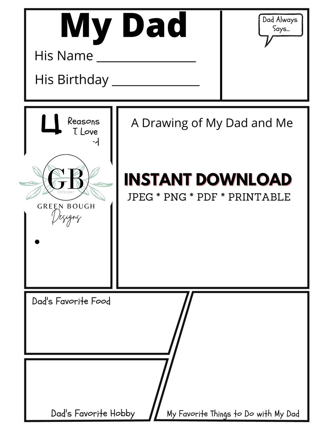 Printable All About Dad/daddy/stepdad/papa/grandpa Fill in Template ...
