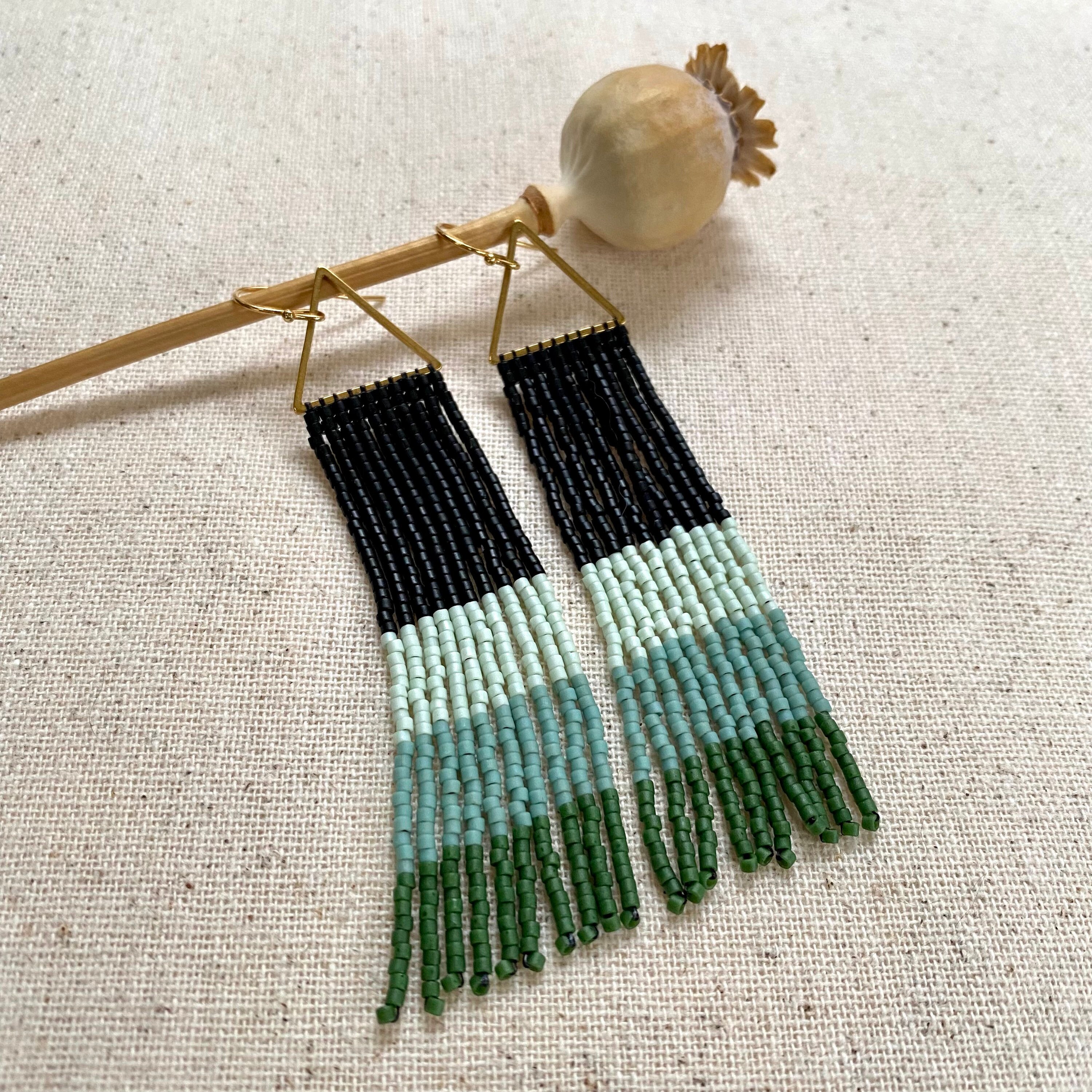 Color Swatch in Green, Fringe Seed Bead Earrings, Boho, Beaded - Etsy