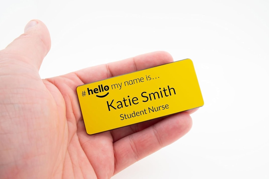 Engraved Personalised Hello My Name is Yellow Name Badge Premium Custom ...