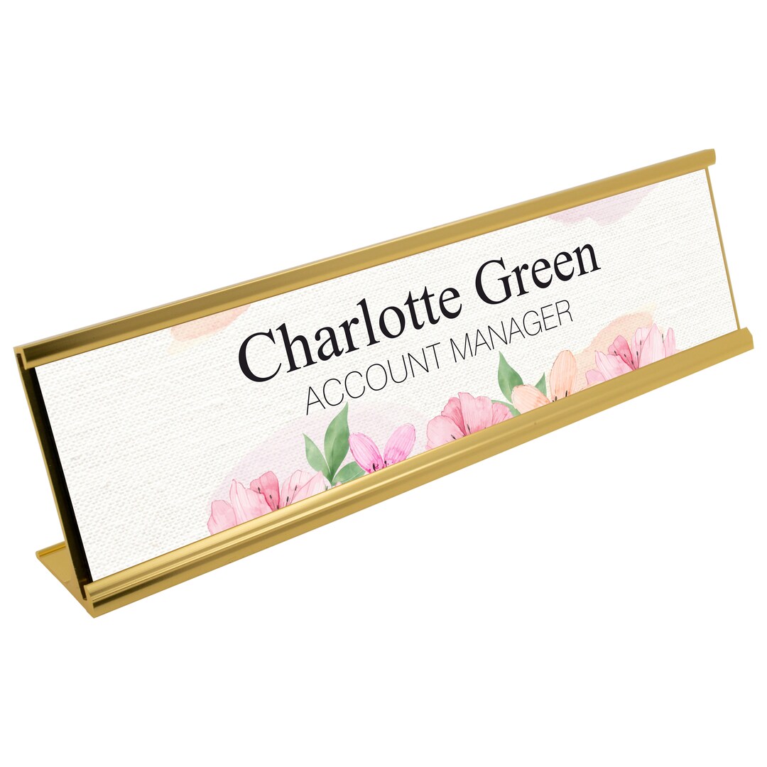 Pink Floral Print With Black Text Desk Plaque Name and Job Title Gold ...