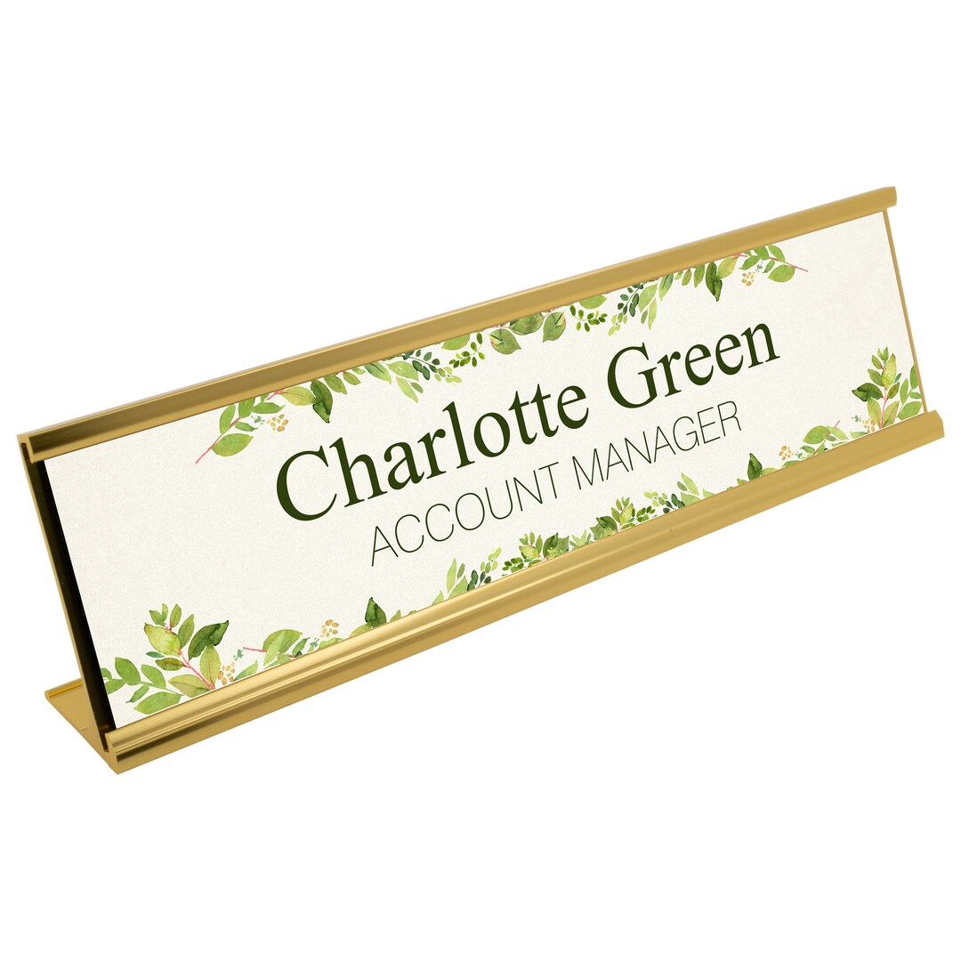 Plant Print Themed With Dark Green Text Desk Plaque Name and Job Title ...