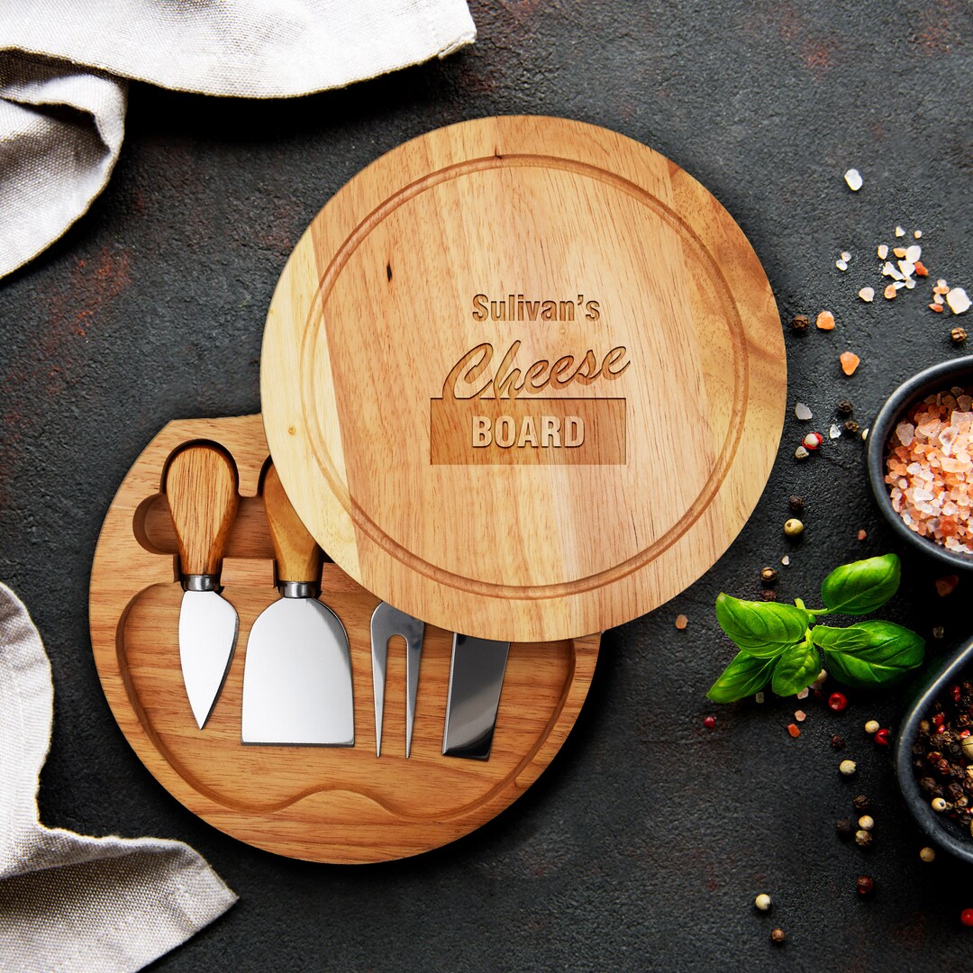 Wooden Personalised Cheese Board Set With Accessories Custom Engraved ...