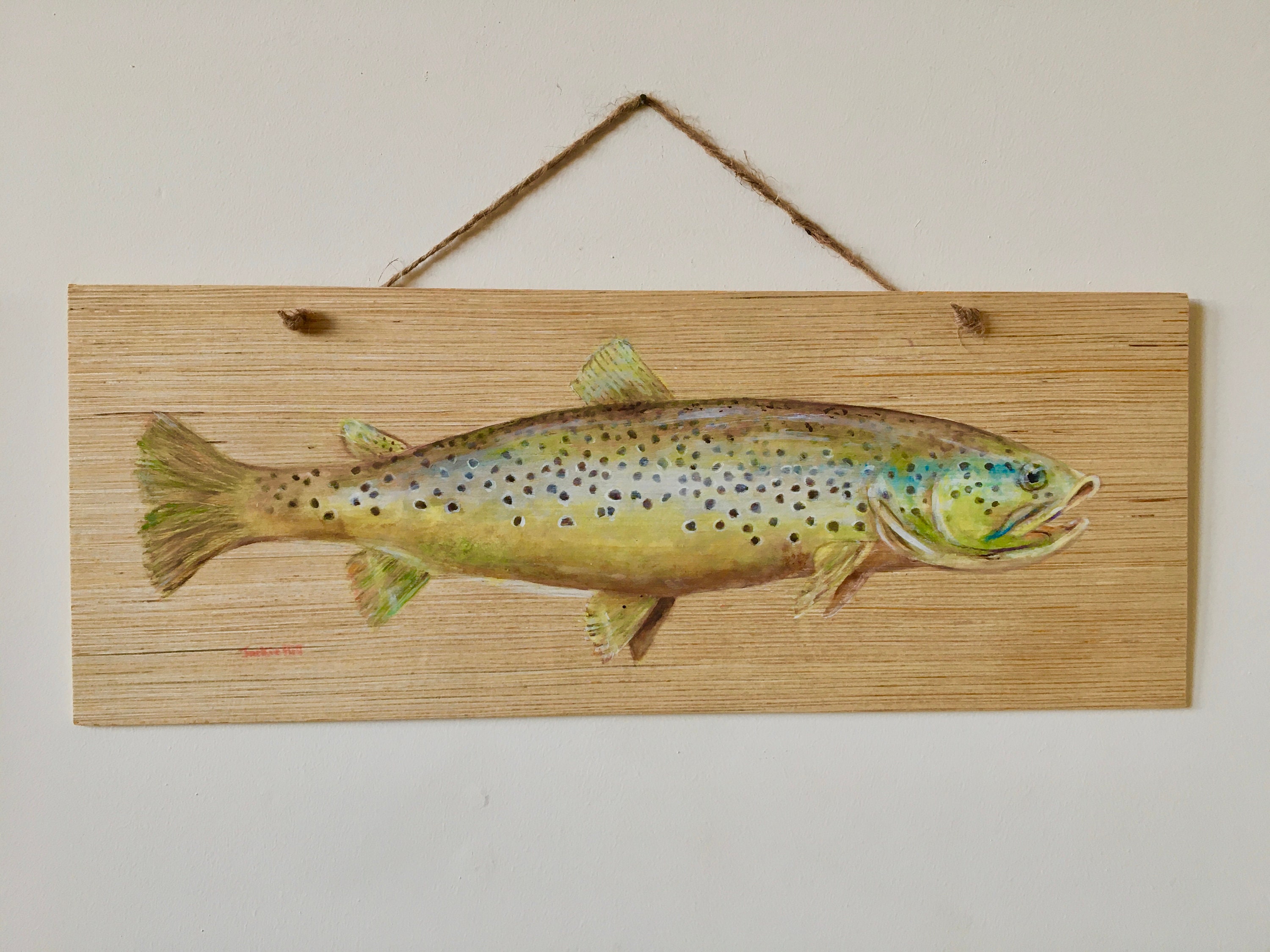 Original Acrylic Painting, Brown Trout on Wood Panel, Plaque, Wall ...