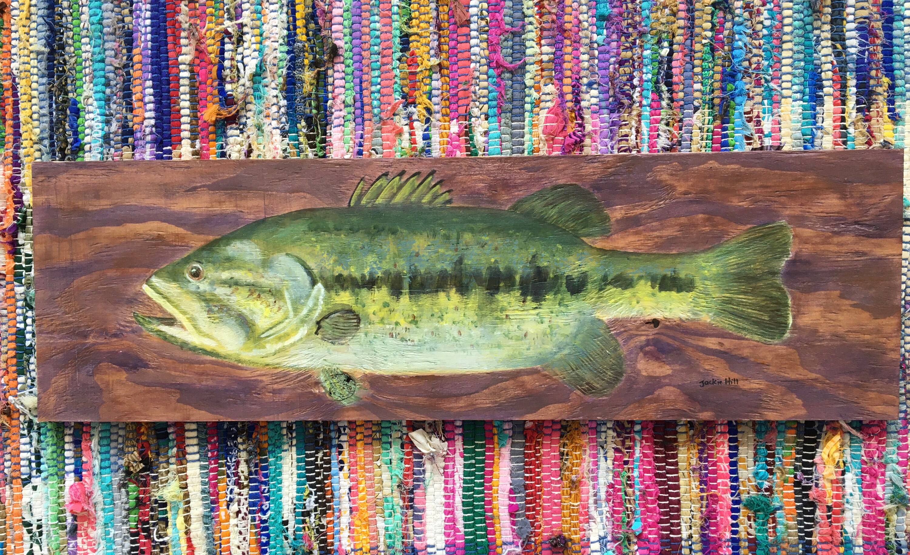 Original Acrylic Painting, Bass Fish on Recycled Wood Panel, Cabin ...