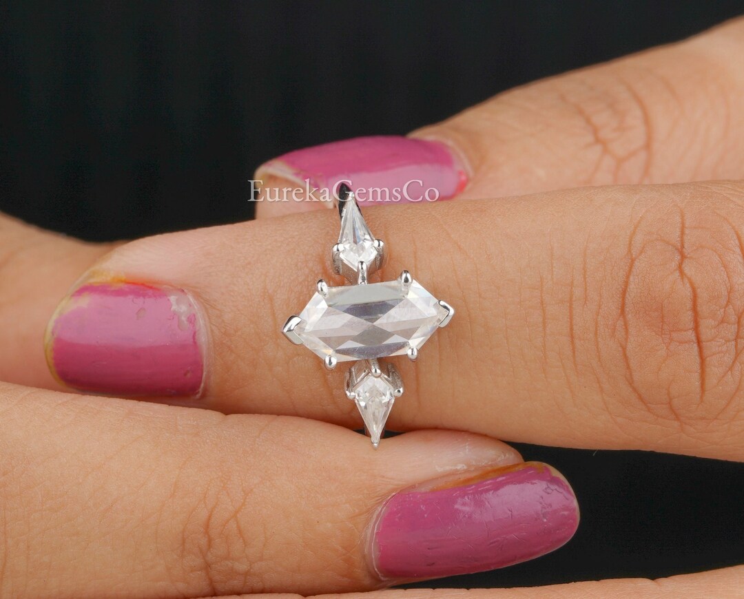 Elongated Hexagon Cut Engagement Ring, Unique Three Stone Moissanite ...