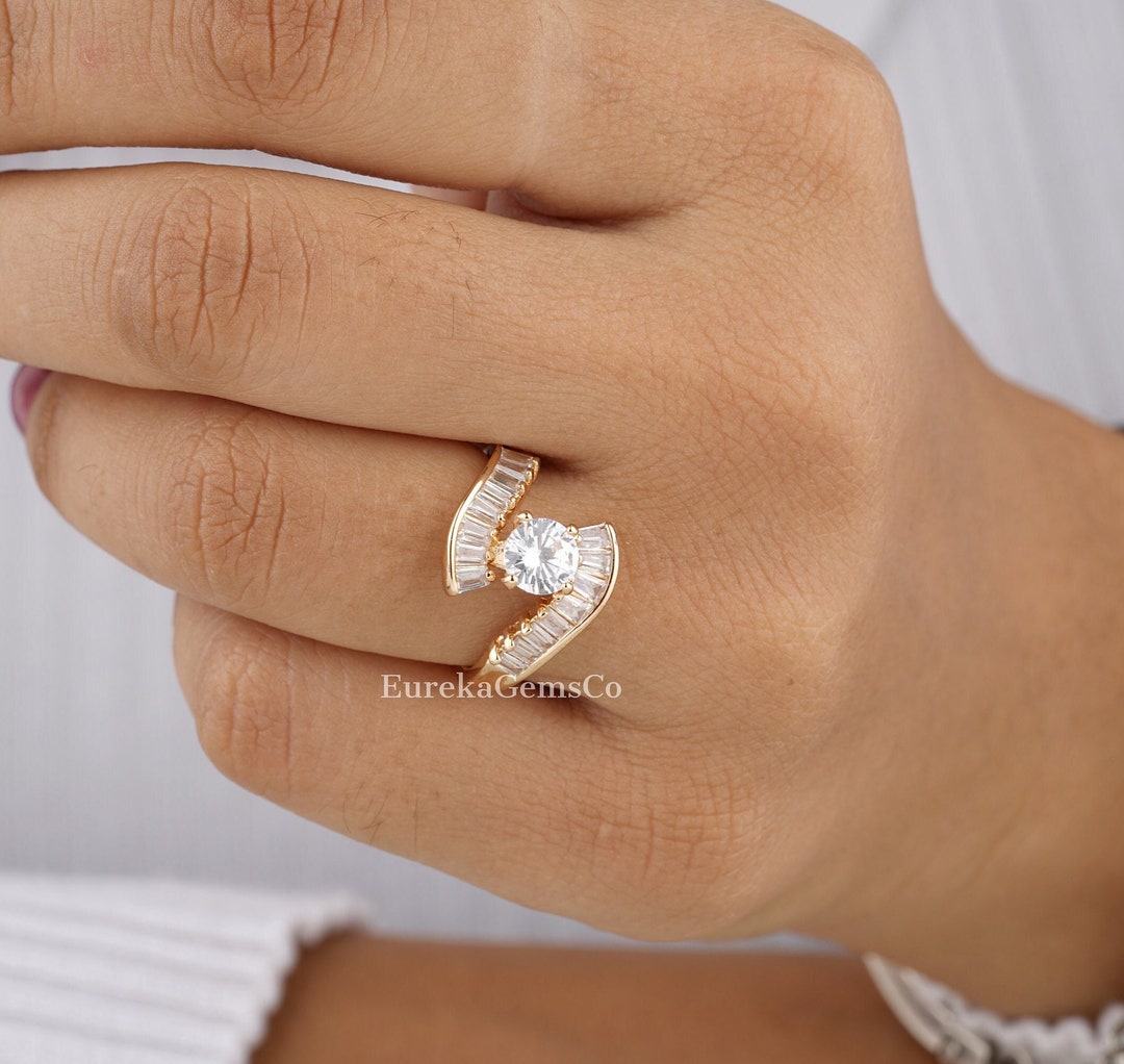 Bypass Baguette Wedding Ring, Platinum Diamond Ring, 14k Solid White ...