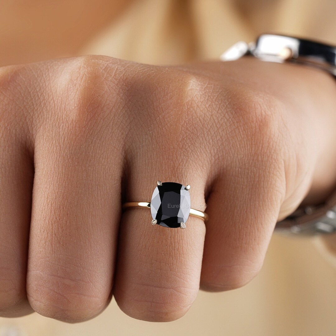 Black Onyx Ring, Cushion Cut Black Onyx Ring, Solitaire Diamond Ring, Promise Ring, Female ...