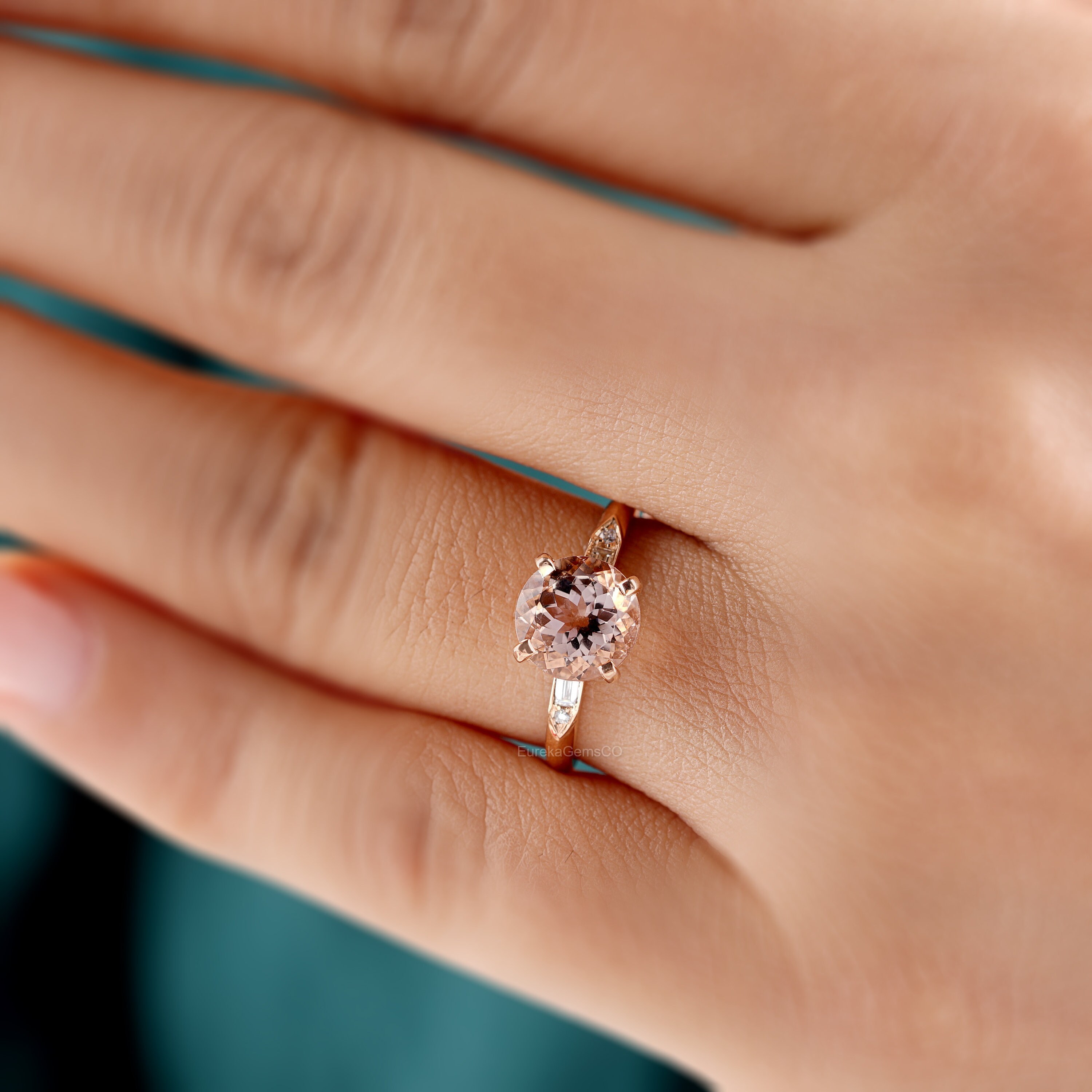 Morganite Engagement Ring Classic Portuguese Cut Wedding Ring 14K Rose Gold Side Baguette 3 Stone Diamond Ring Three Stone Promise Ring Etsy