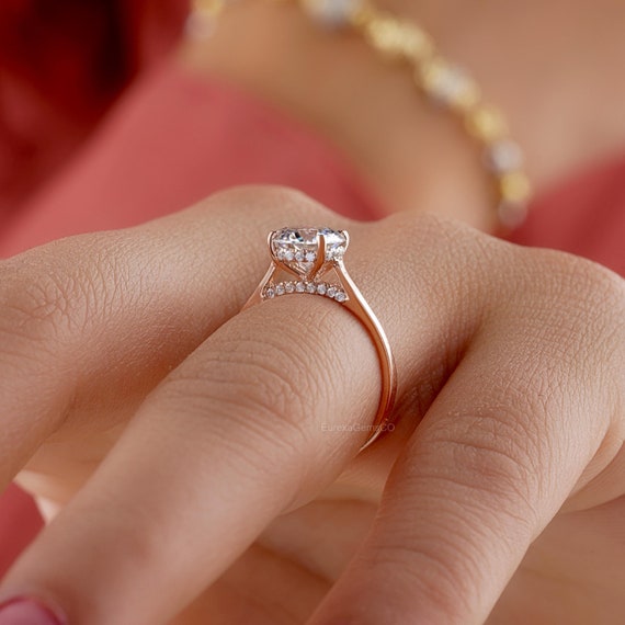 Vintage Hidden Halo Moissanite Ladies Ring Round Cut Moissanite Engagement Ring Rose Gold Engagement Ring Solitaire Diamond Ring for Her Etsy