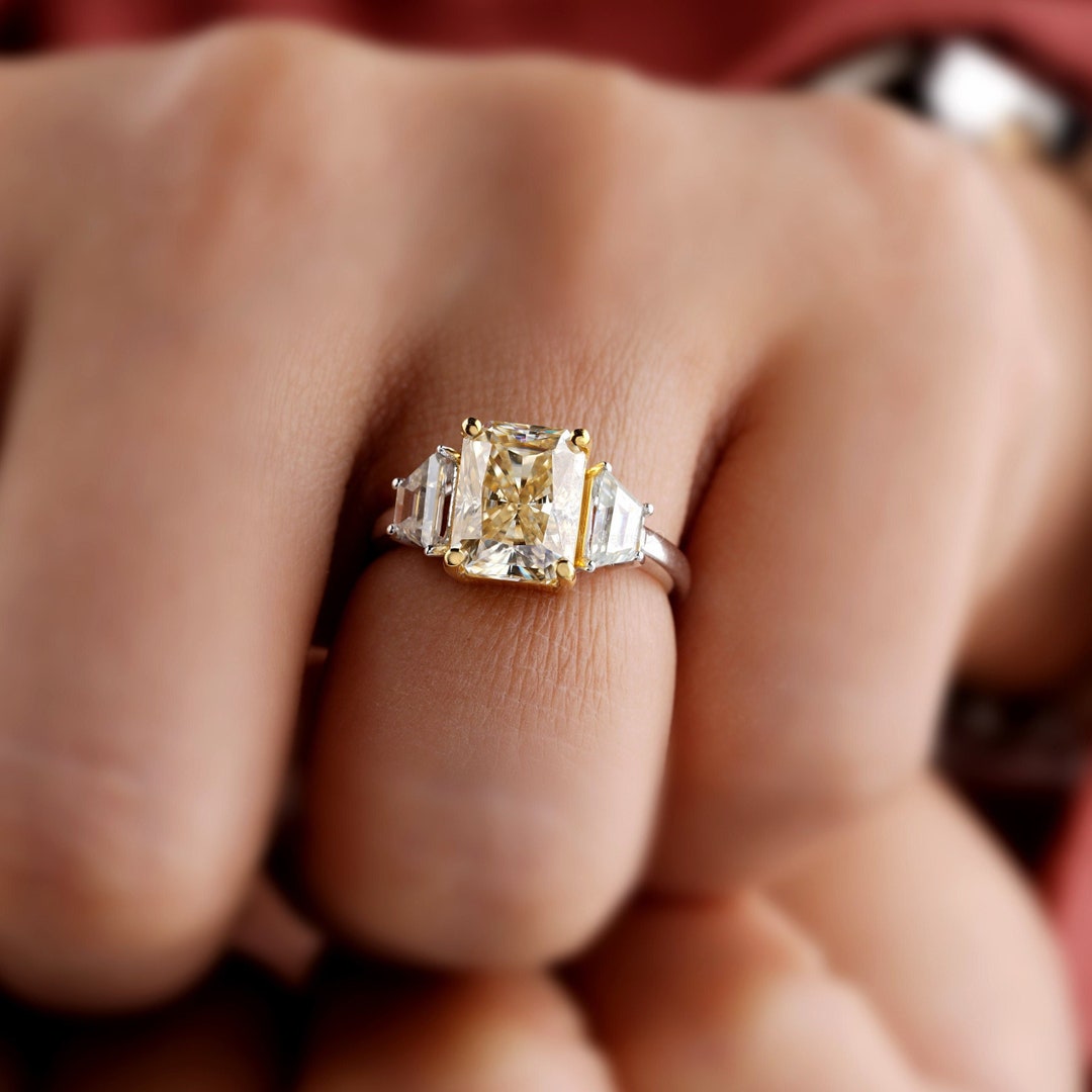 Canary Yellow Moissanite Ring, Three Stone Engagement Ring, Fancy ...