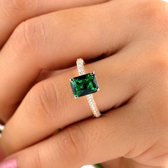 2CT Radiant Cut Emerald Ring birthstone Ring gold Ring gemstone Band statement Ring engagement Ring Rectangle Ring cocktail Ring prong Ring Etsy