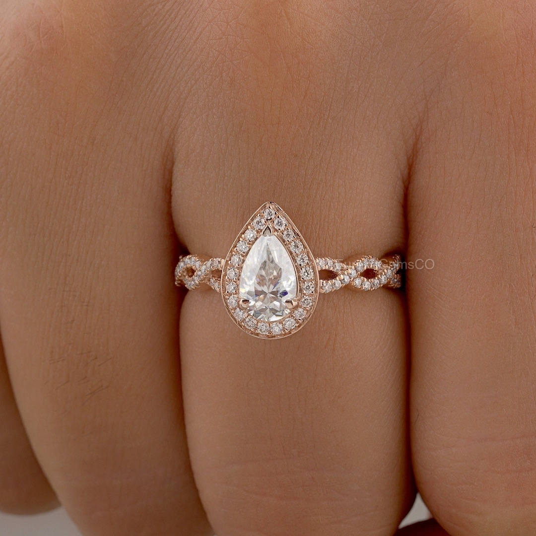 Pear Shaped Halo Engagement Ring, Tear Drop Ring, Twisted Moissanite ...