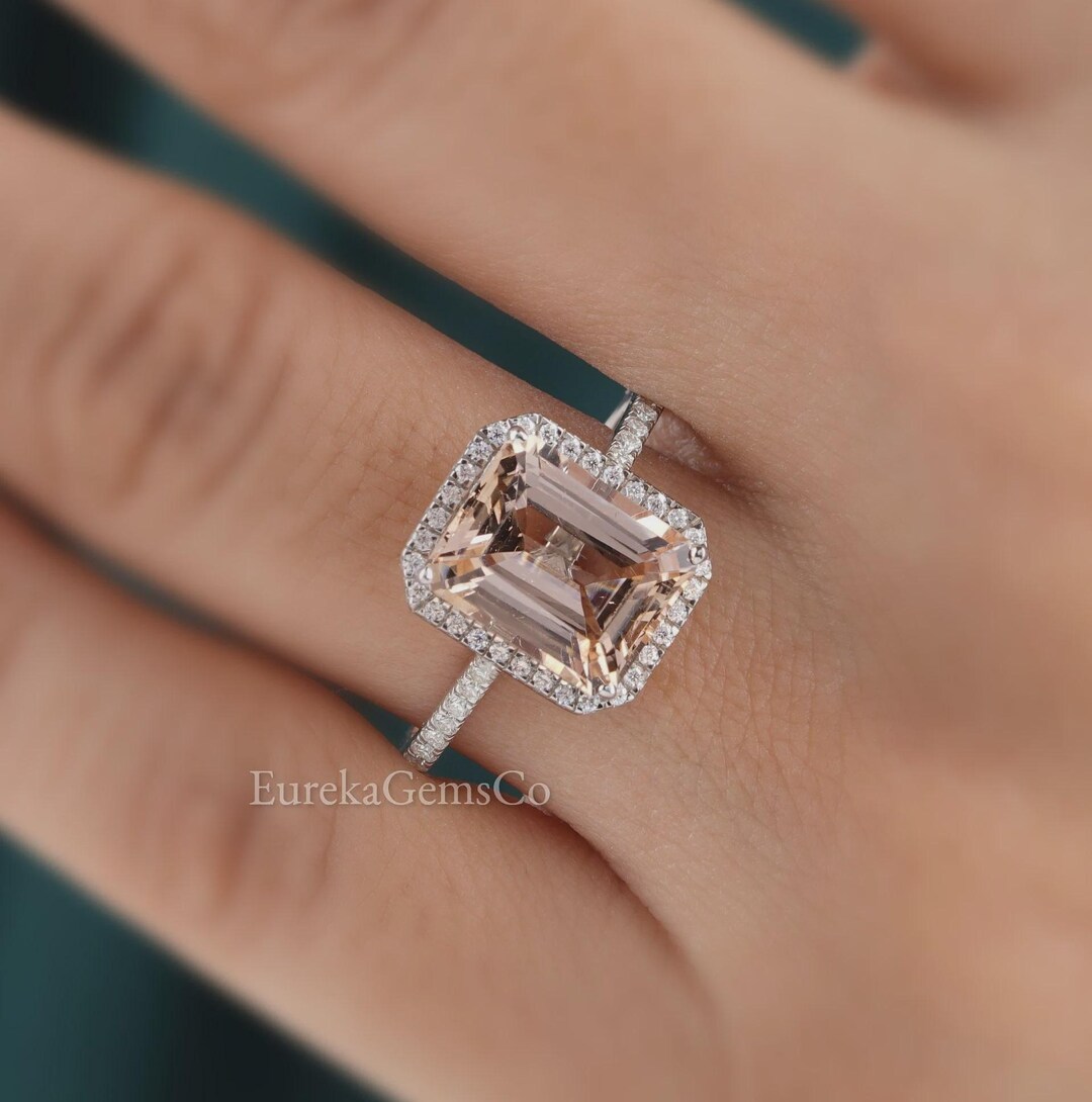 Pink Morganite Ring, Emerald Cut Morganite Engagement Ring, Rose Gold ...