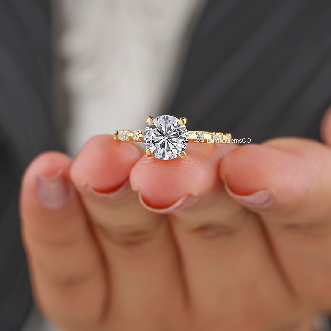 Hidden Pave Set Bridge Diamond Ring, Classic Round Cut Moissanite ...