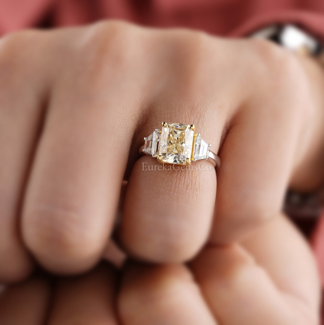 Canary Yellow Moissanite Ring Three Stone Engagement Ring - Etsy
