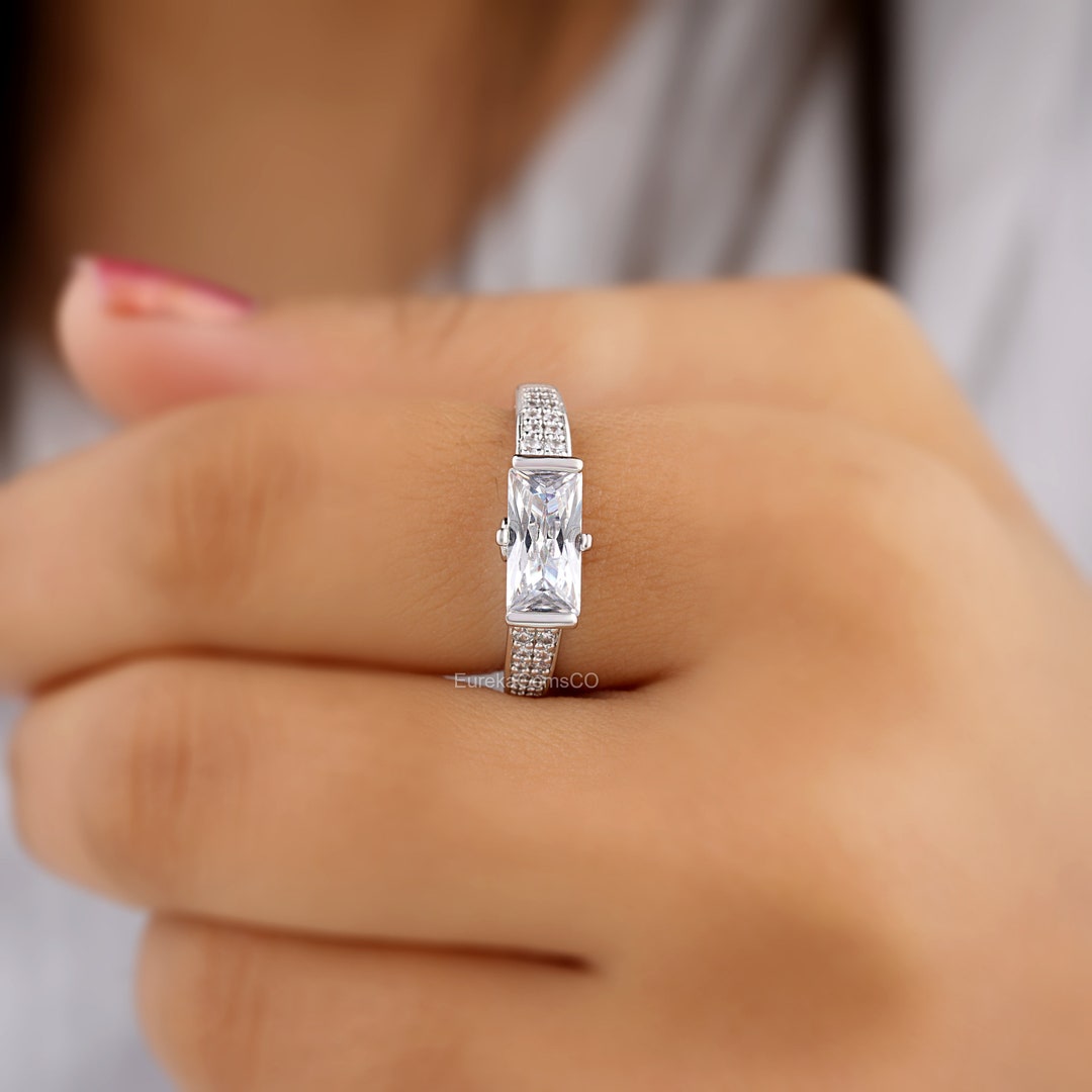 Vintage East West Baguette Cut Engagement Ring, Unique Bar Set ...