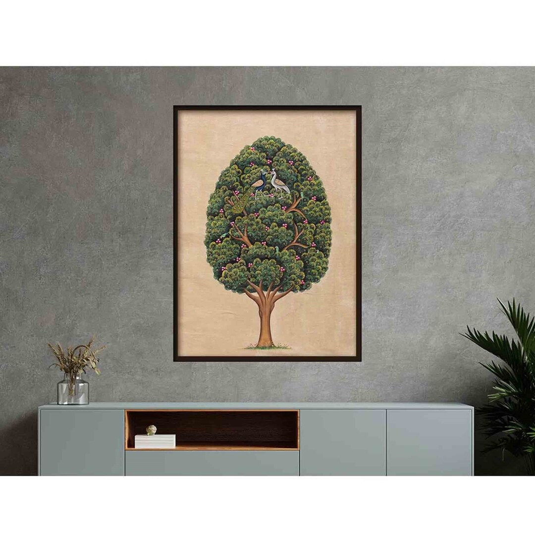 Pichwai Painting, Hand Painted Tree With Parrots and Peacock, Made in ...