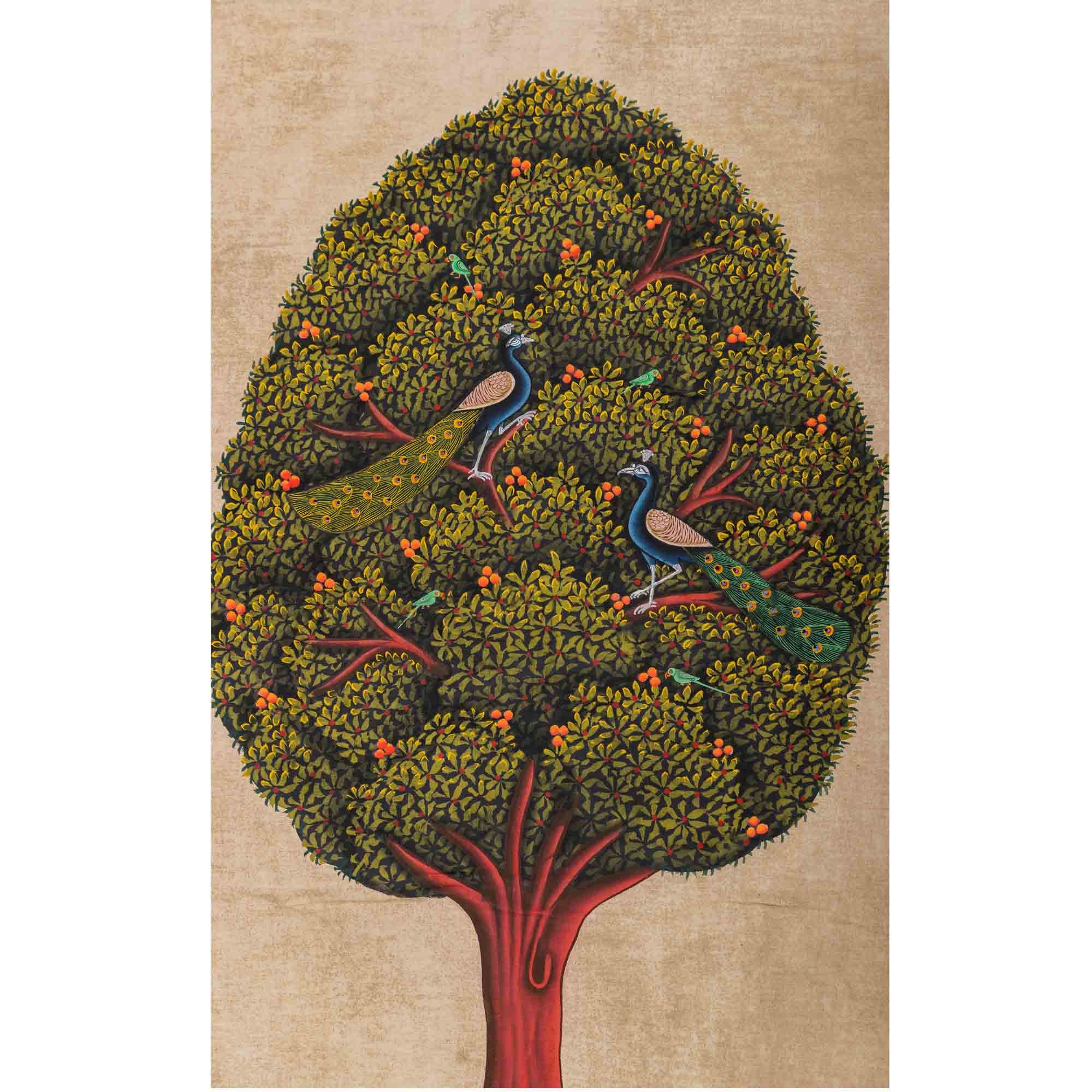 Pichwai Painting, Hand Painted Tree With Parrots and Peacock, Made in ...