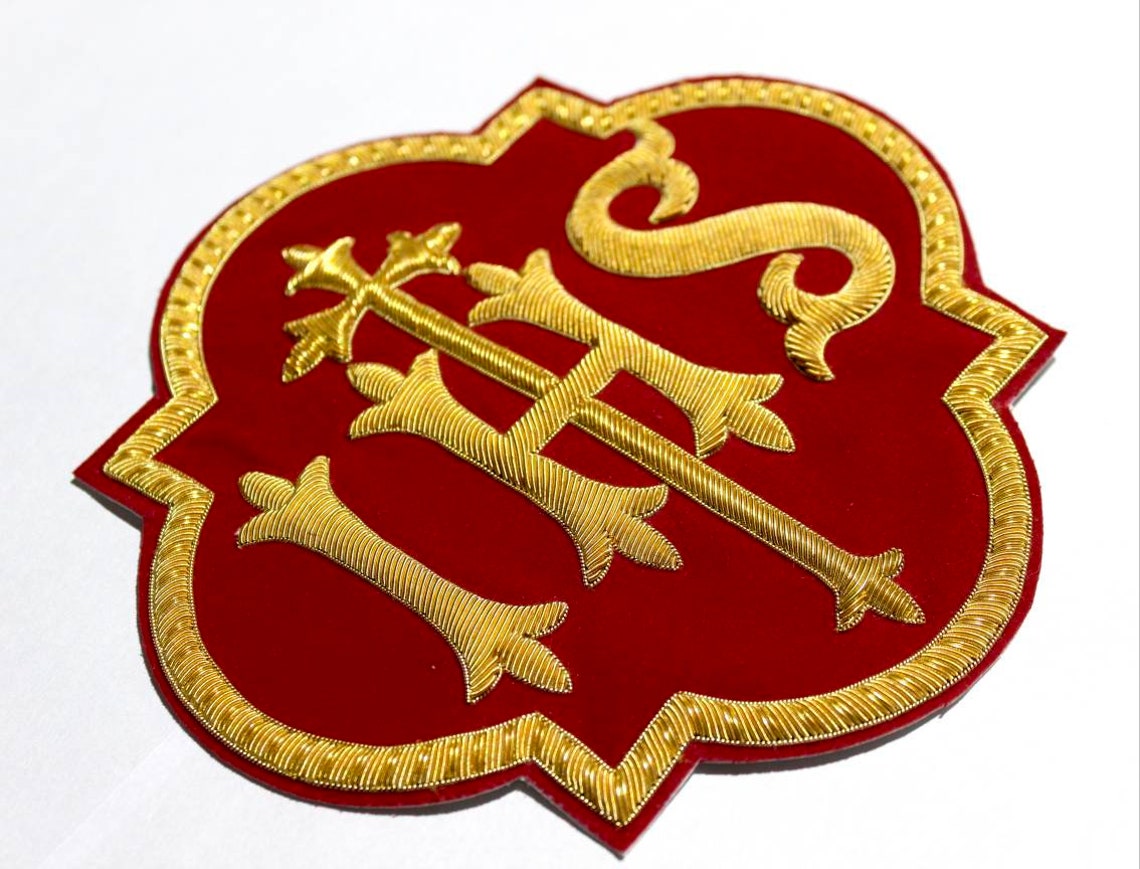 Liturgical Church Emblem, IHS Hand-embroidered Sewn on Applique on Red ...