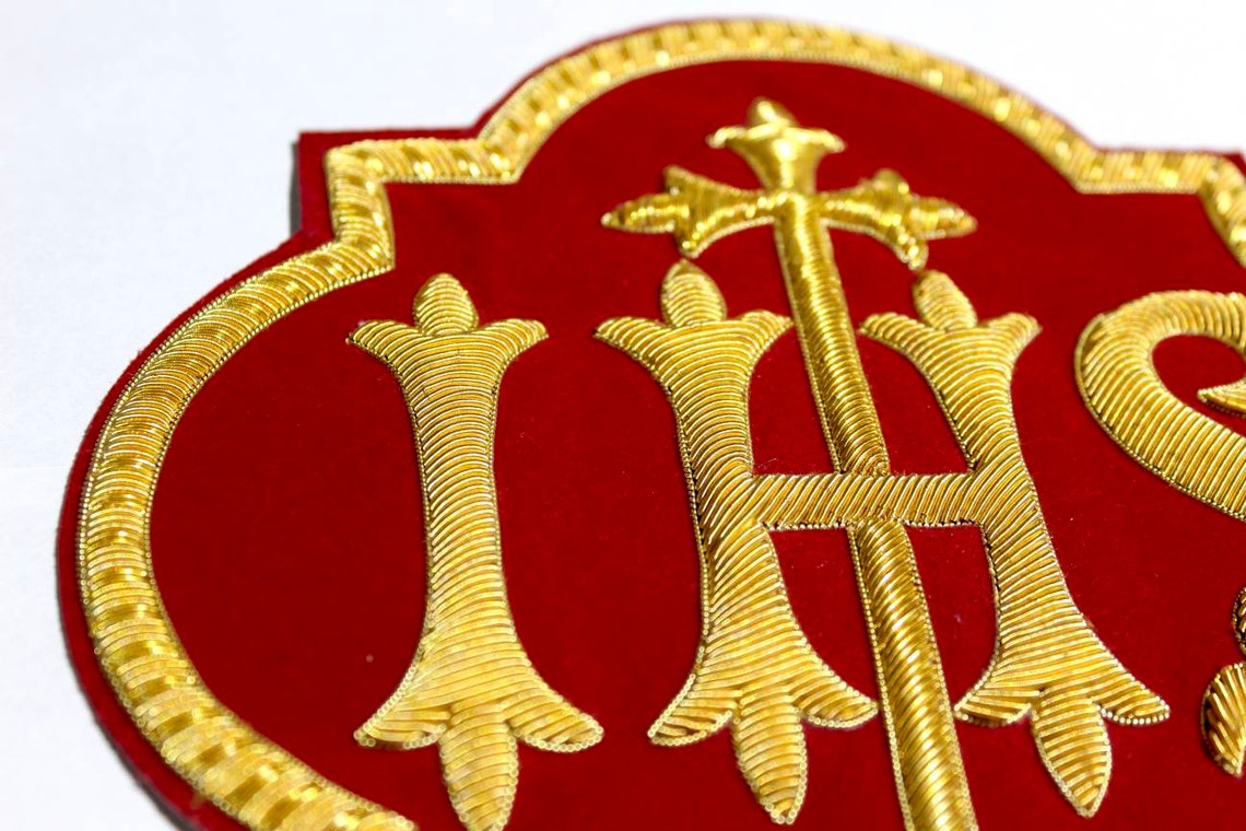 Liturgical Church Emblem, IHS Hand-embroidered Sewn on Applique on Red ...