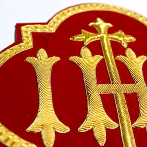 Liturgical Church Emblem, IHS Hand-embroidered Sewn on Applique on Red ...